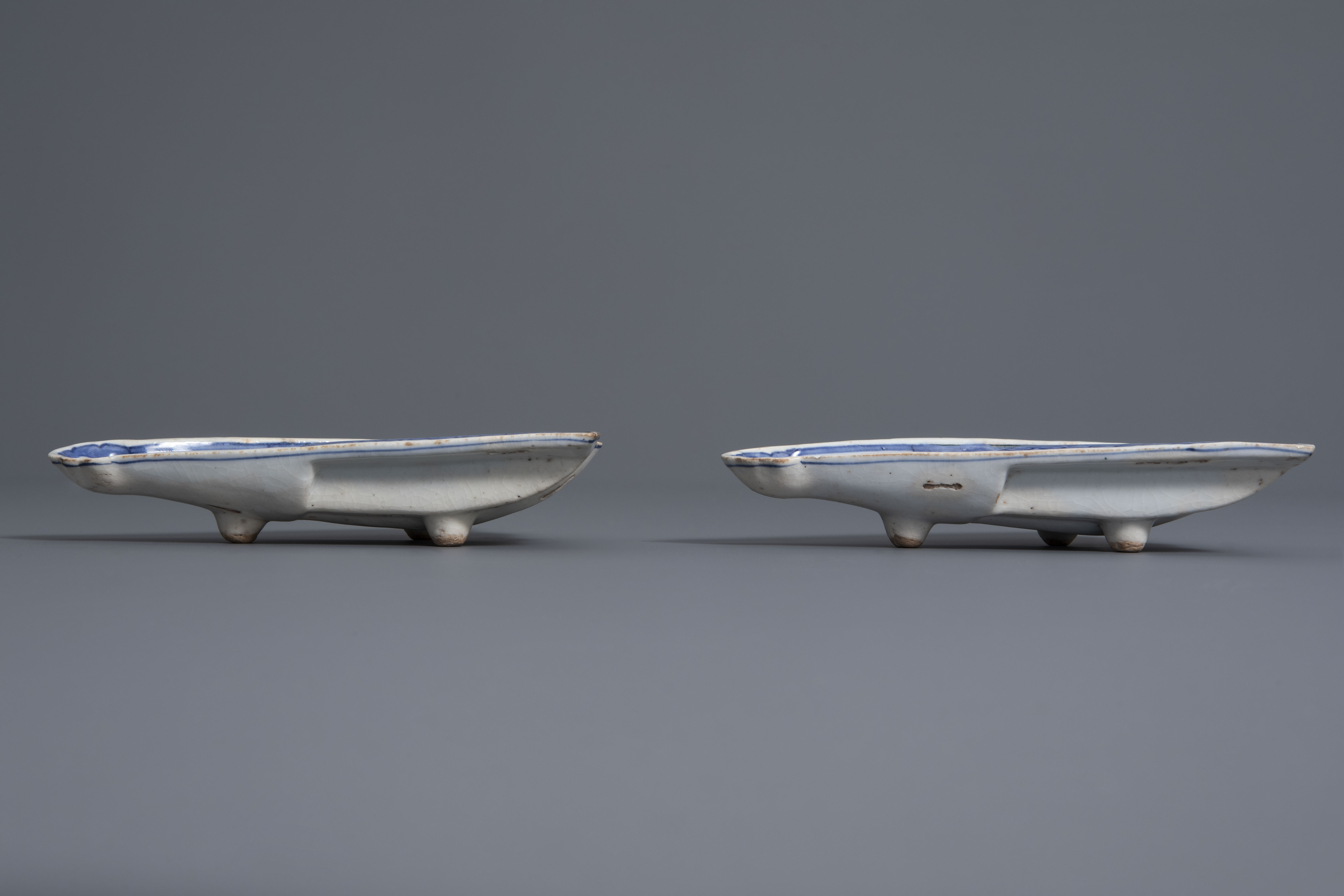 A pair of Japanese blue and white fan-shaped mukozuke dishes, Edo, 17th ...