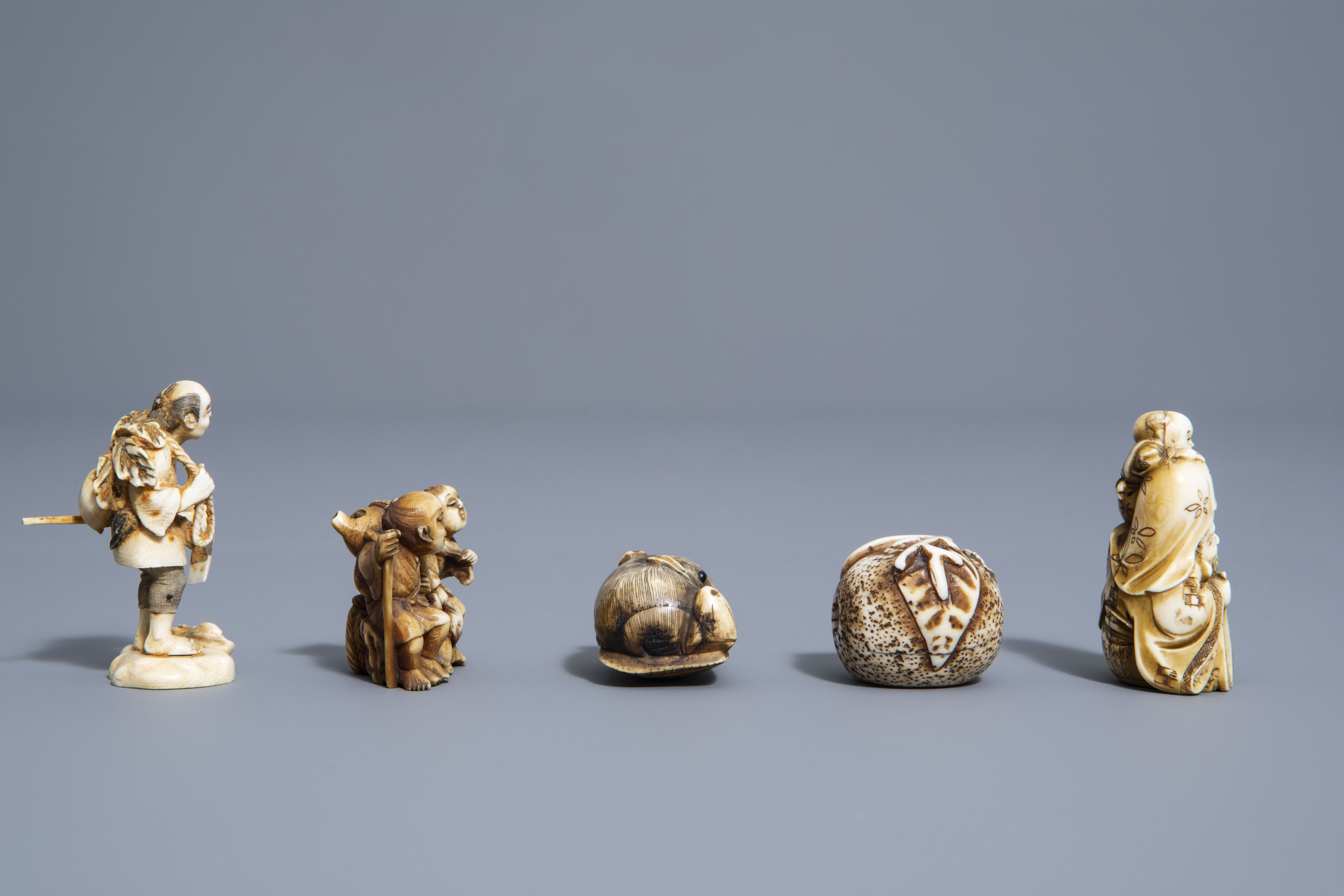 Five Japanese ivory netsuke with different designs, 19th/20th C ...