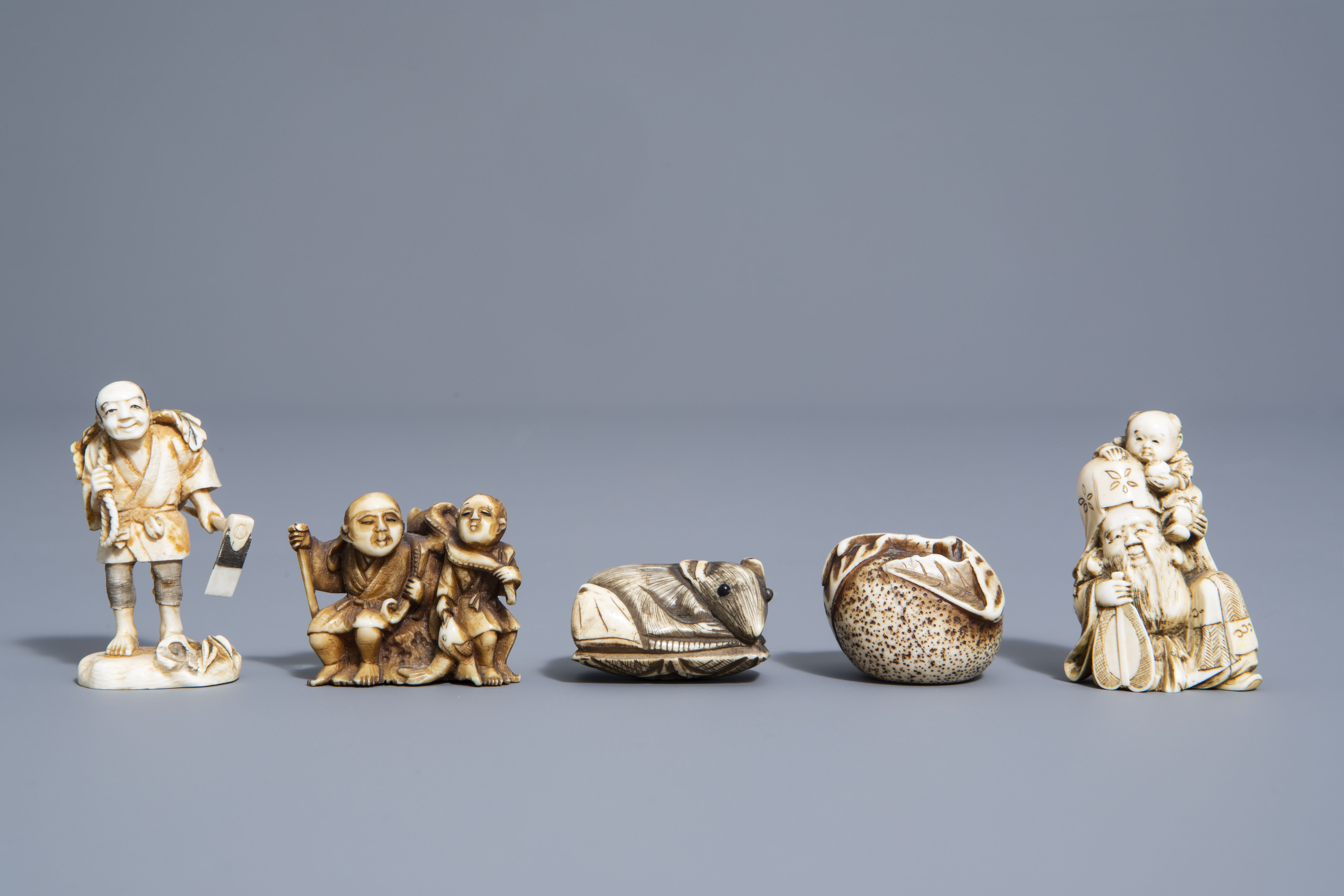 Five Japanese ivory netsuke with different designs, 19th/20th C ...