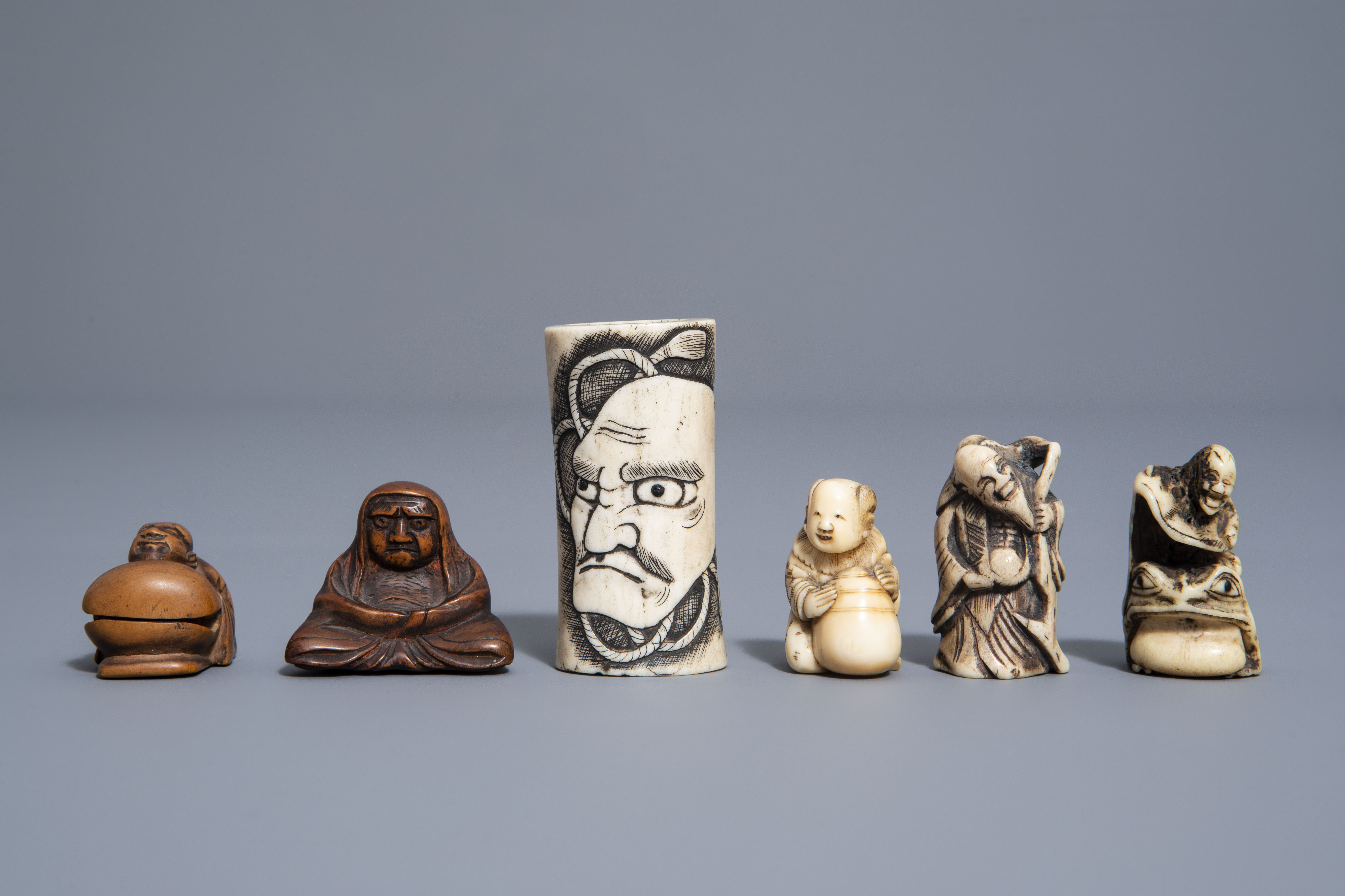 Six Japanese bone and boxwood netsuke with different designs, 19th/20th ...