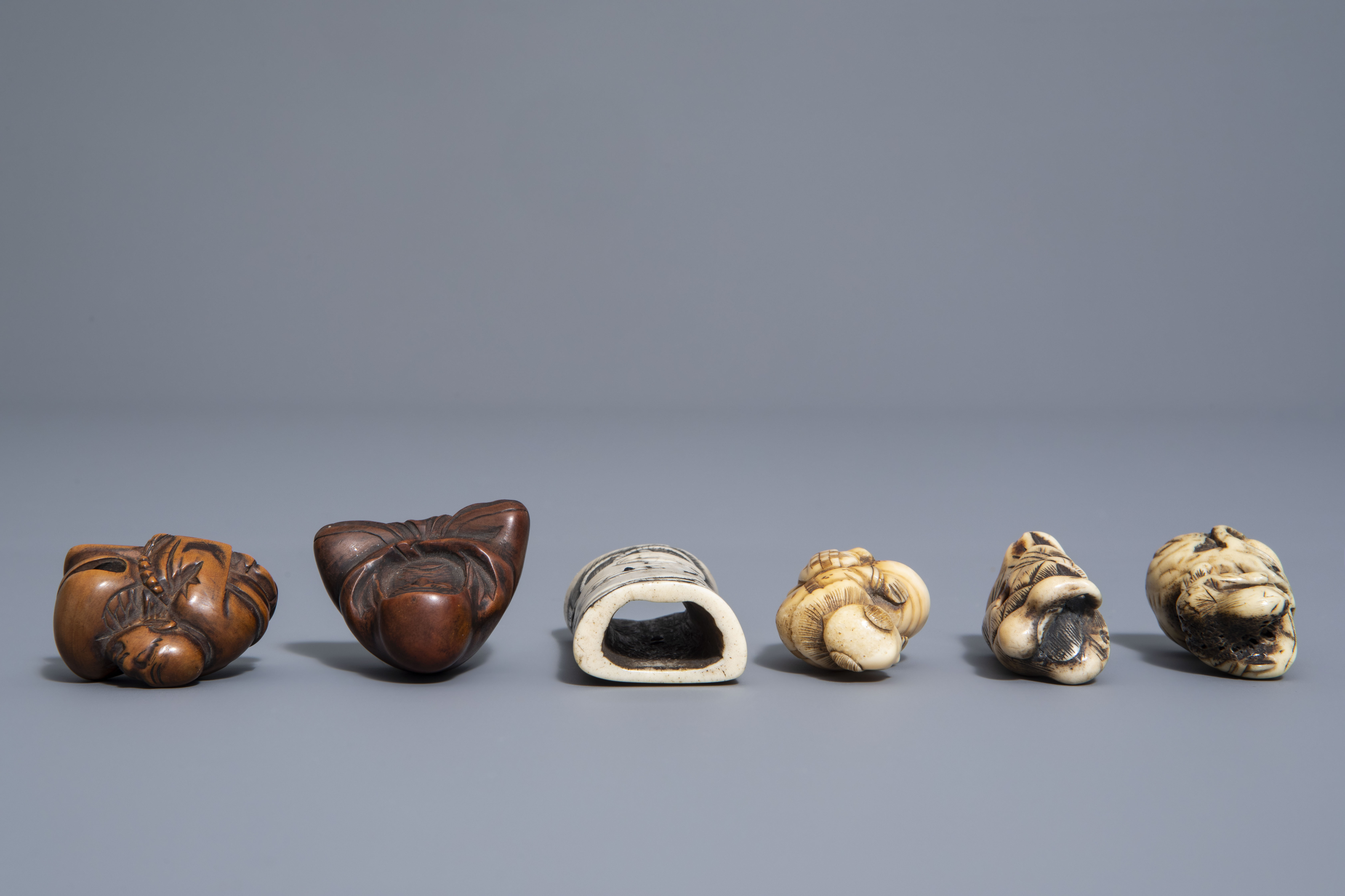 Six Japanese bone and boxwood netsuke with different designs, 19th/20th ...