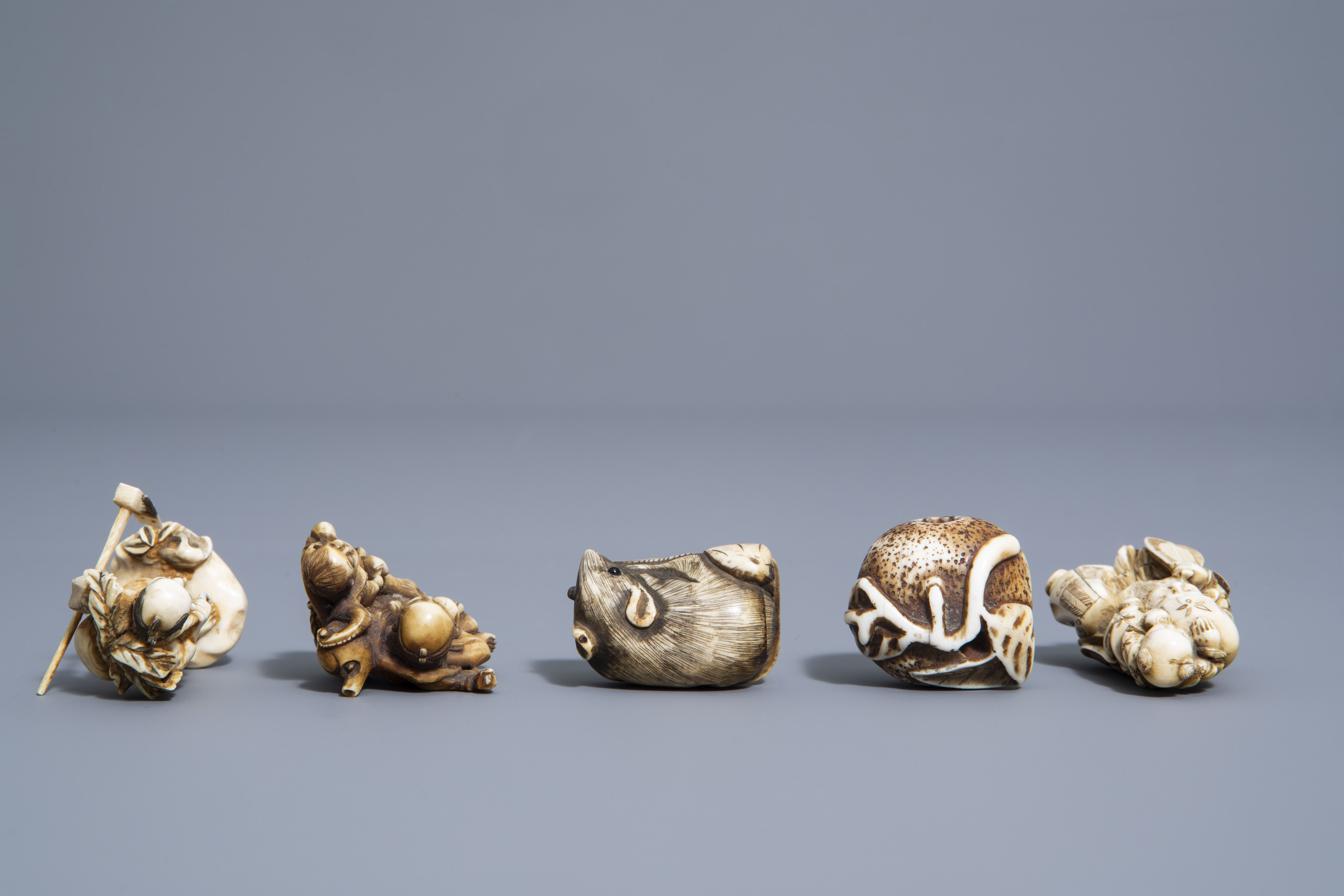 Five Japanese ivory netsuke with different designs, 19th/20th C ...