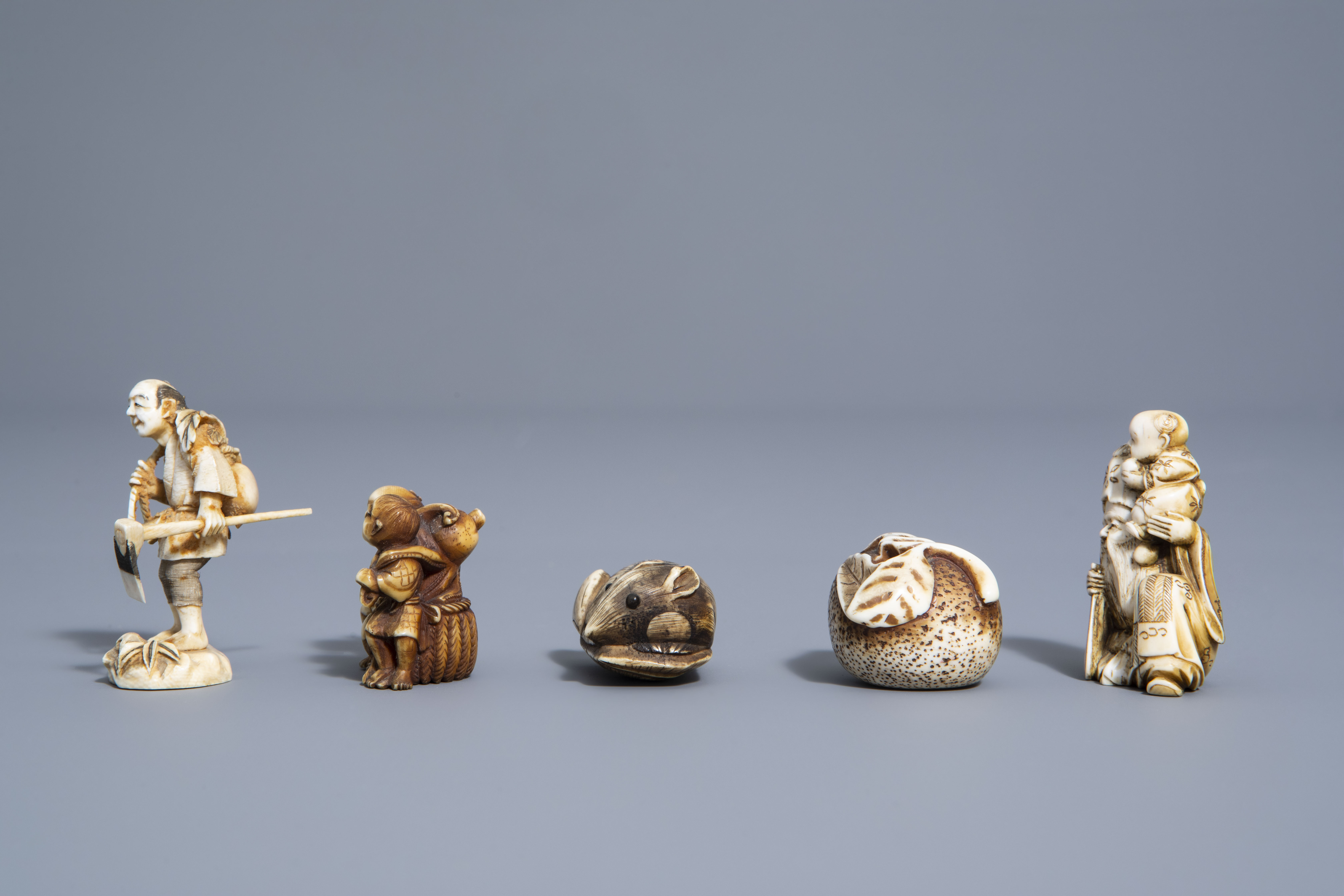Five Japanese ivory netsuke with different designs, 19th/20th C ...