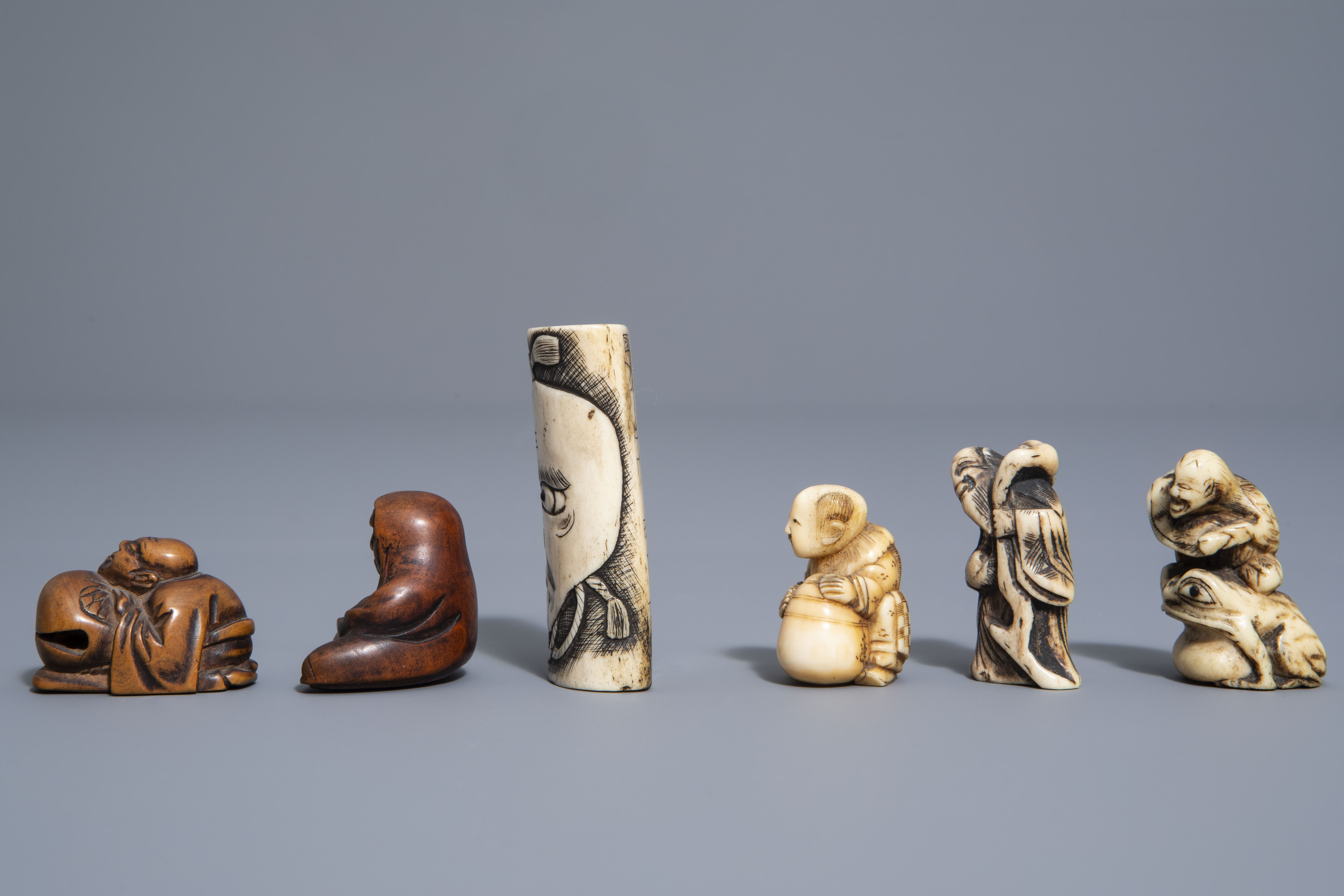 Six Japanese bone and boxwood netsuke with different designs, 19th/20th ...