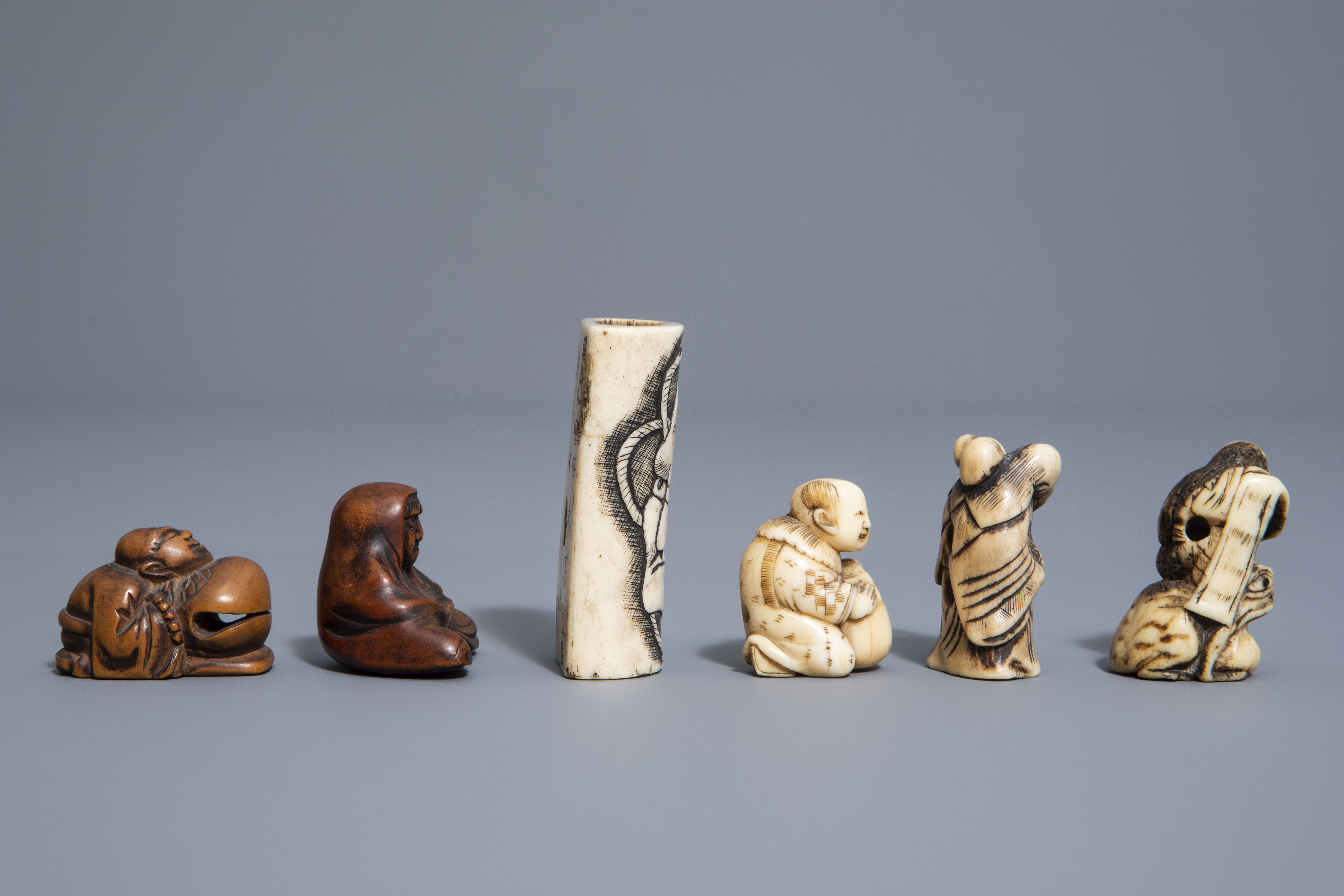 Six Japanese bone and boxwood netsuke with different designs, 19th/20th ...