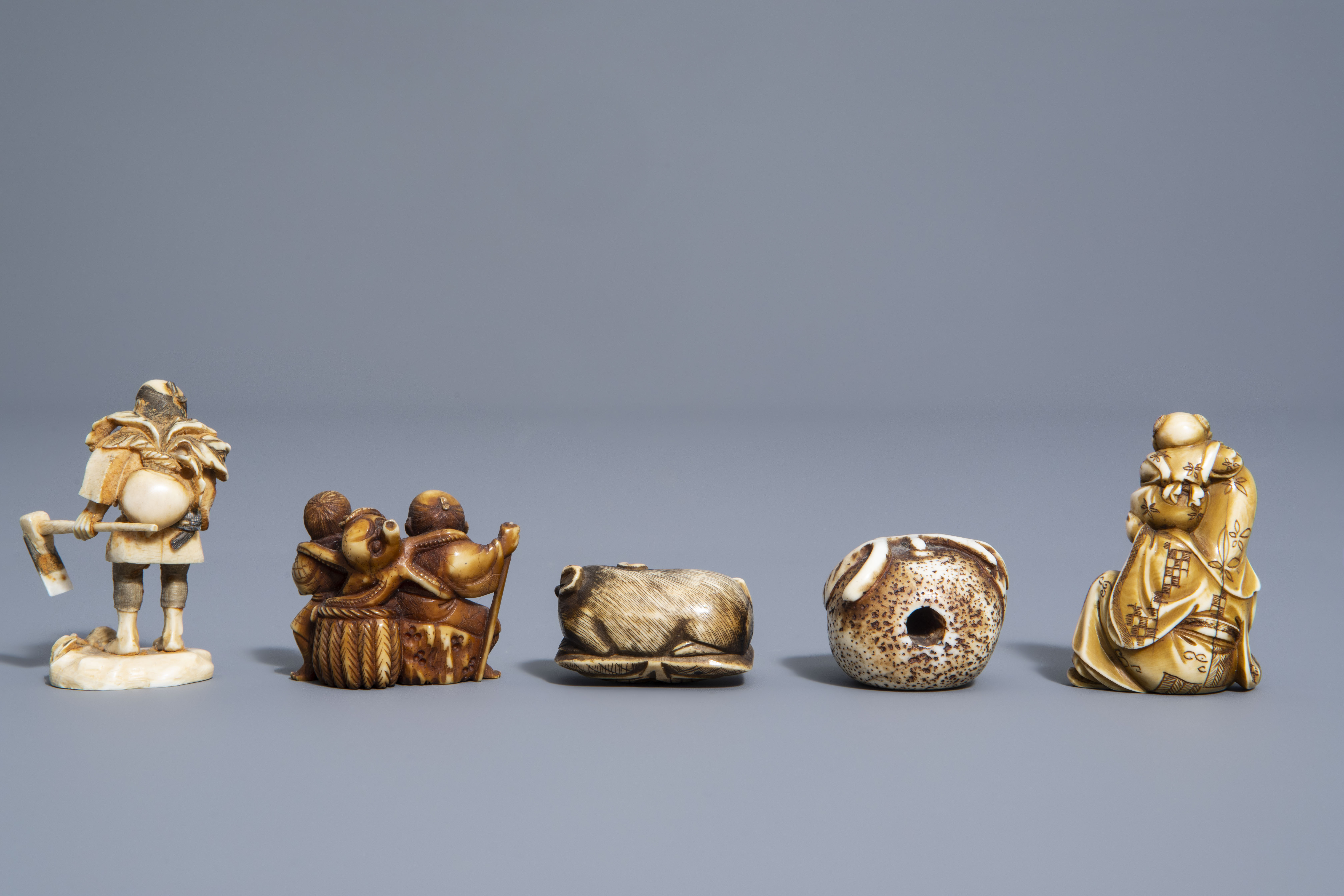Five Japanese ivory netsuke with different designs, 19th/20th C ...