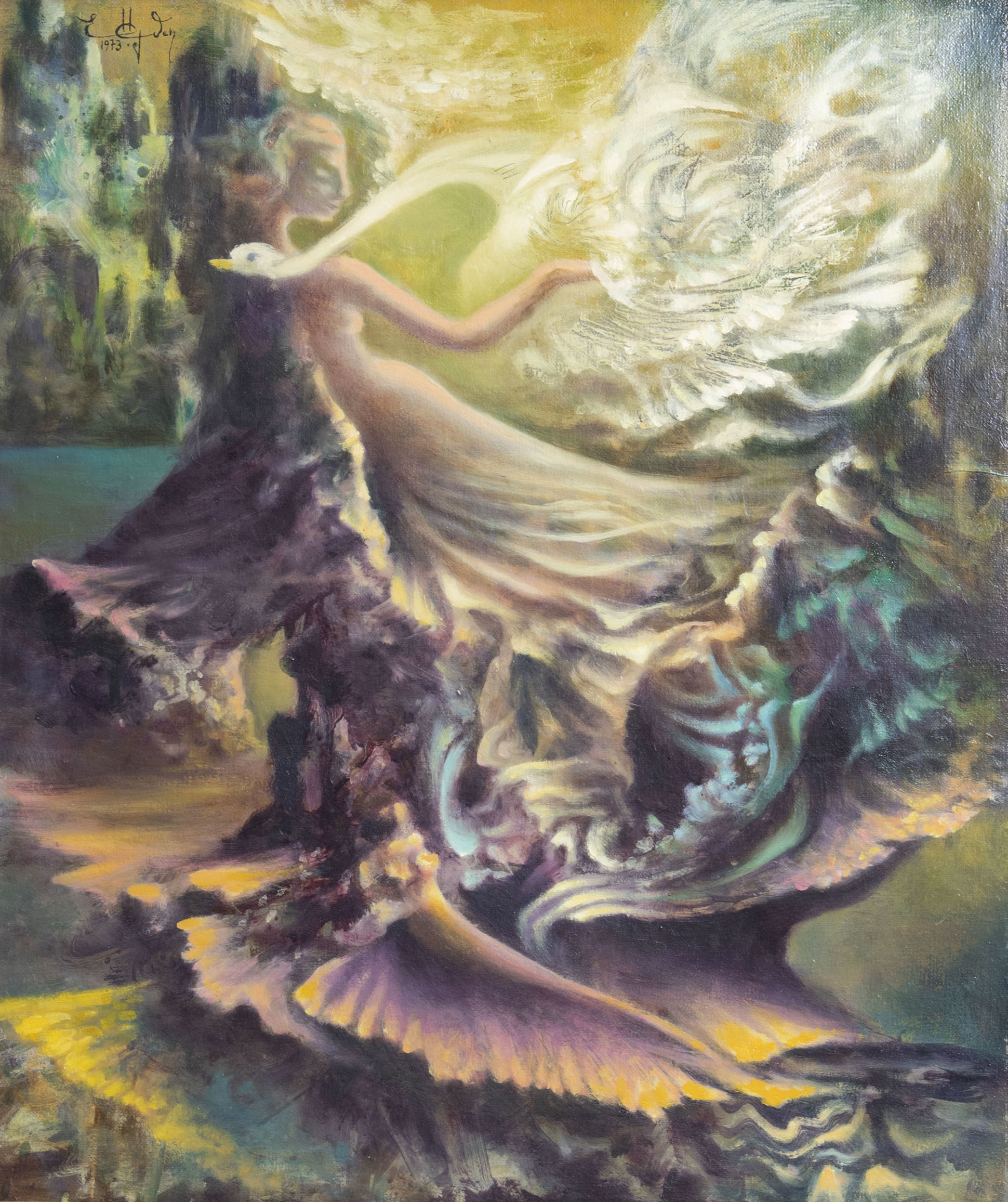 Elisabeth Geurden (1924): 'Leda', oil on canvas, dated 1975 & Hans ...