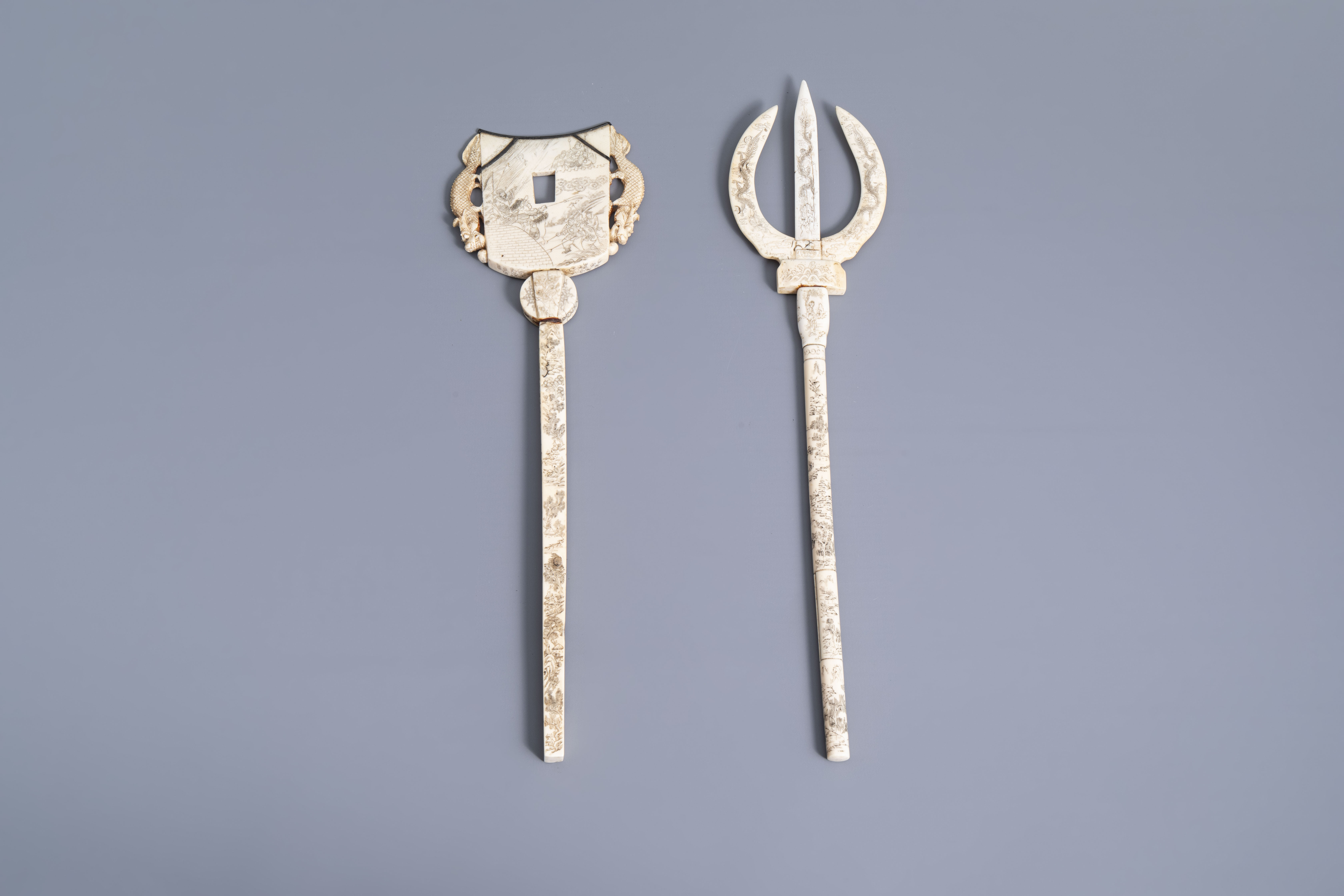 Various Chinese porcelain wares, two ivory miniature weapons and a red ...