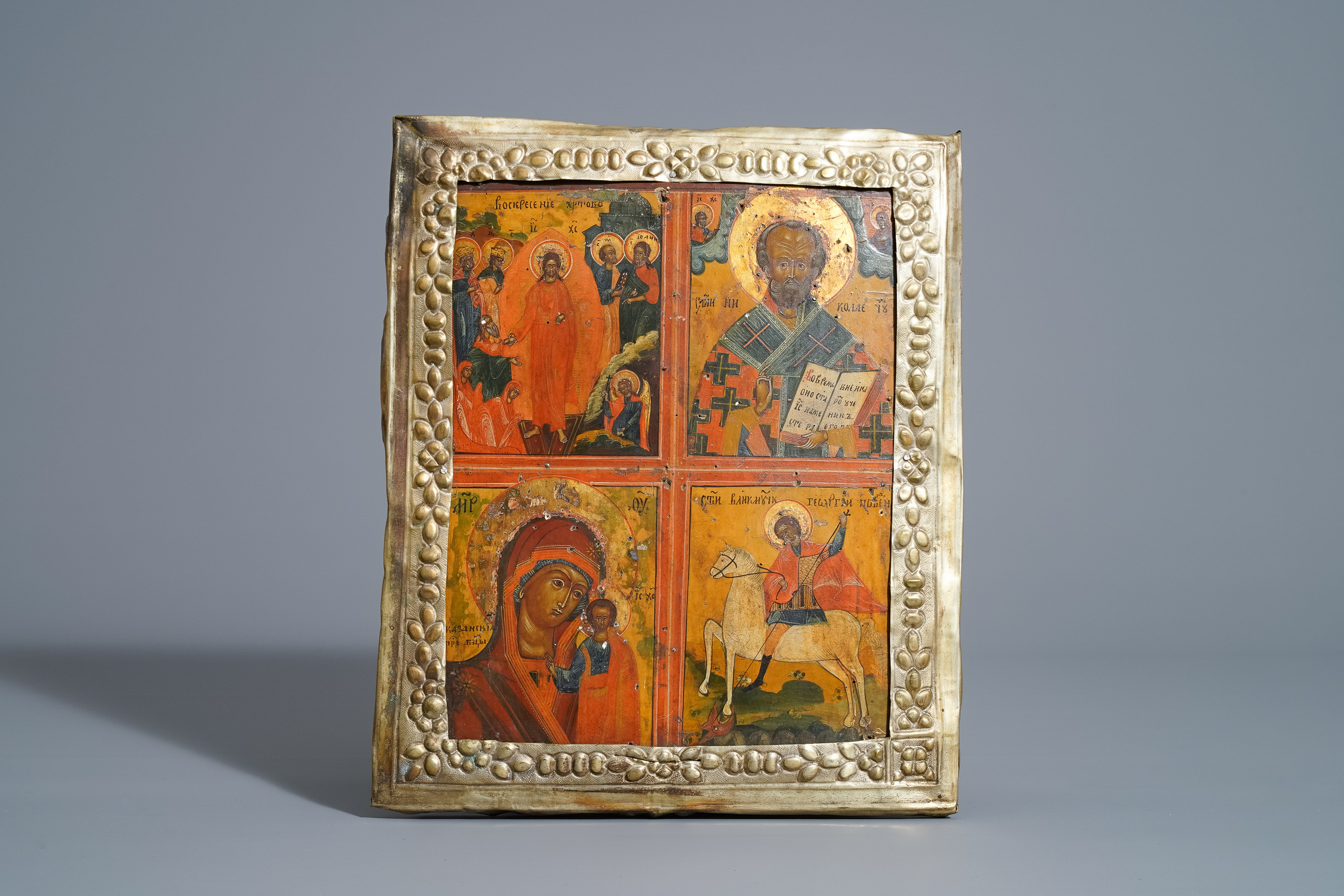 Three Russian icons, one with copper oklad or riza, 19th/20th C ...