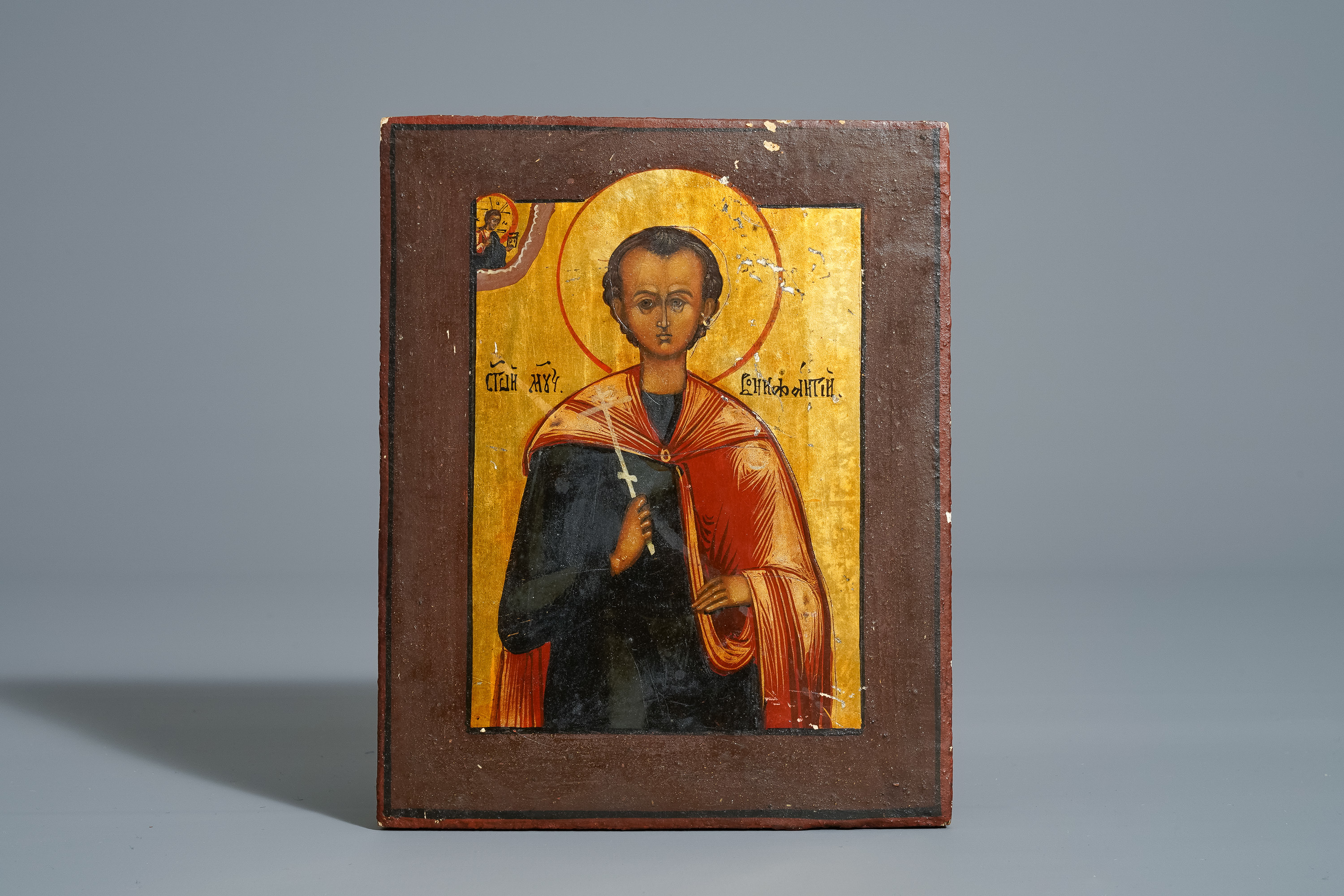 Three Russian icons, one with copper oklad or riza, 19th/20th C ...