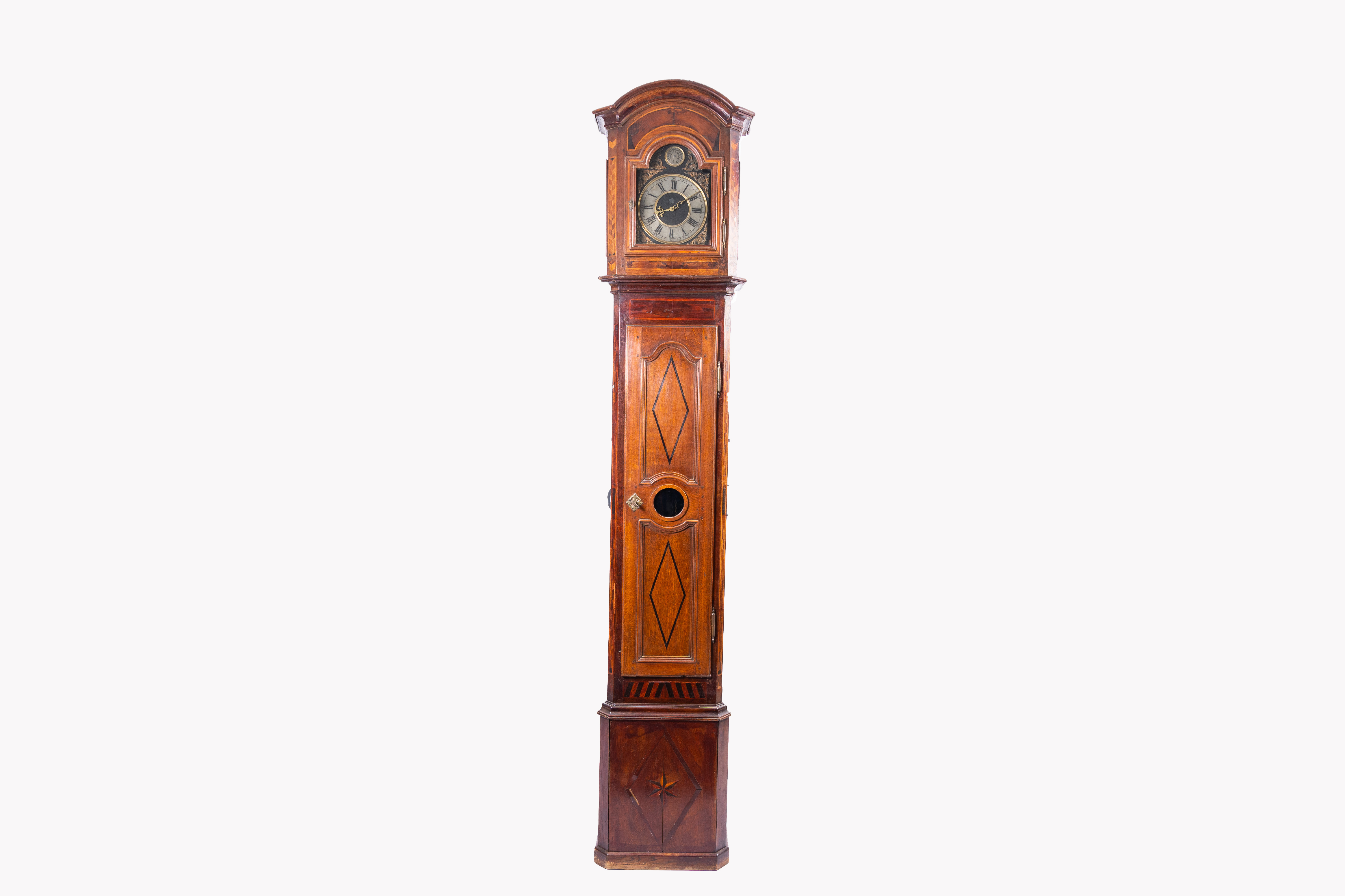 A large French wood longcase clock with various wood inlays, 19th C ...
