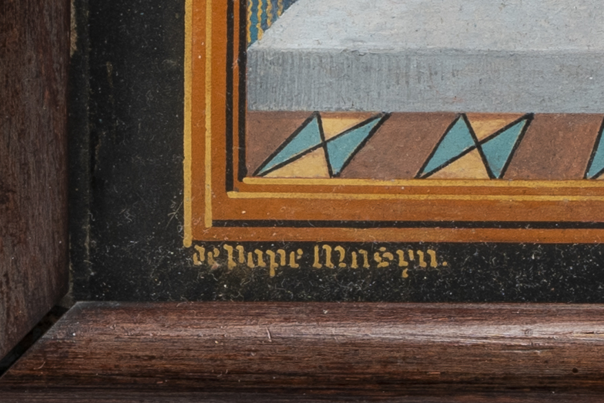 A varied collection of three religious paintings and a marquetry panel ...