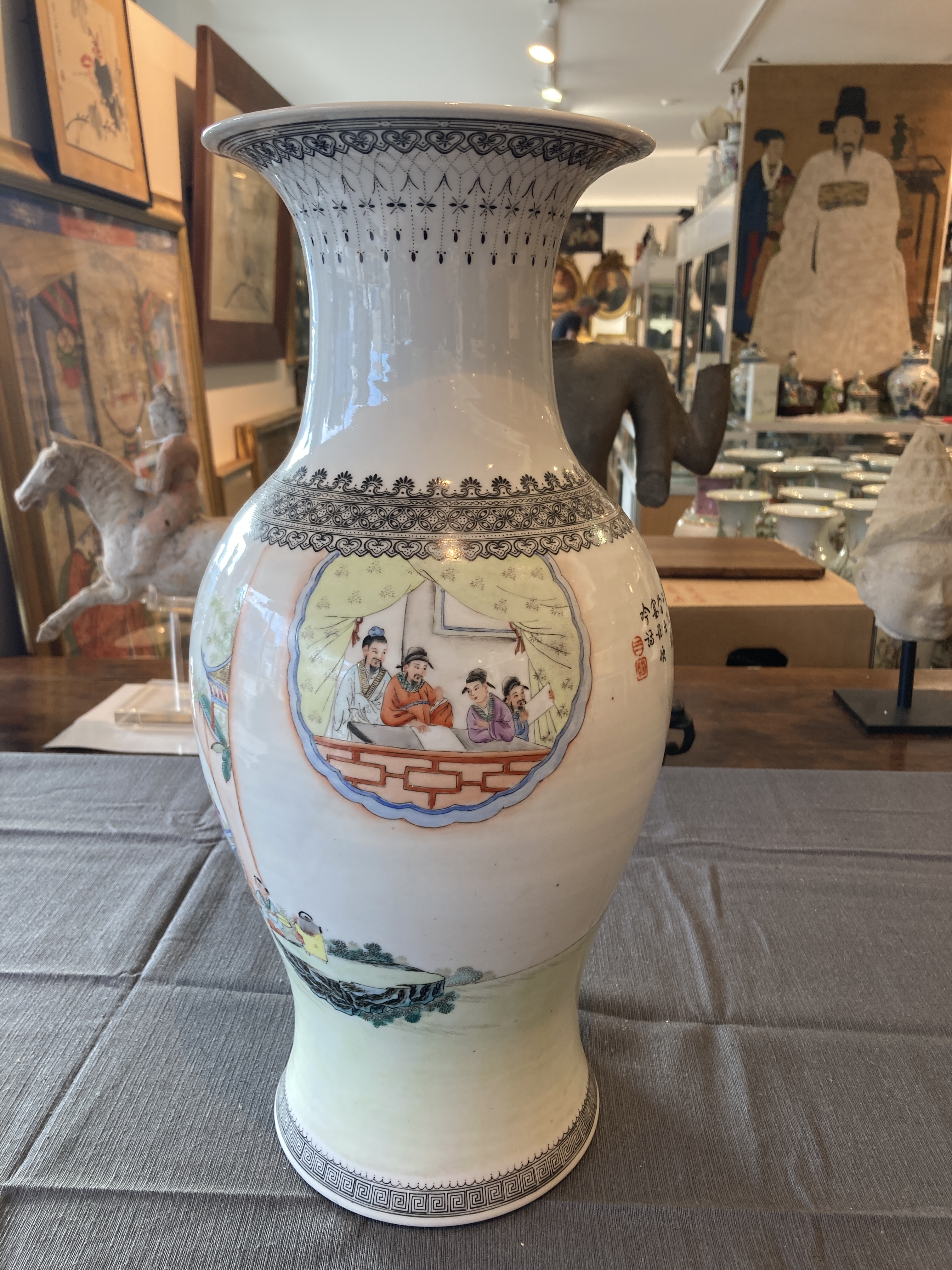 A Chinese baluster shaped famille rose vase with Immortals in a garden, Republic, 20th C ...