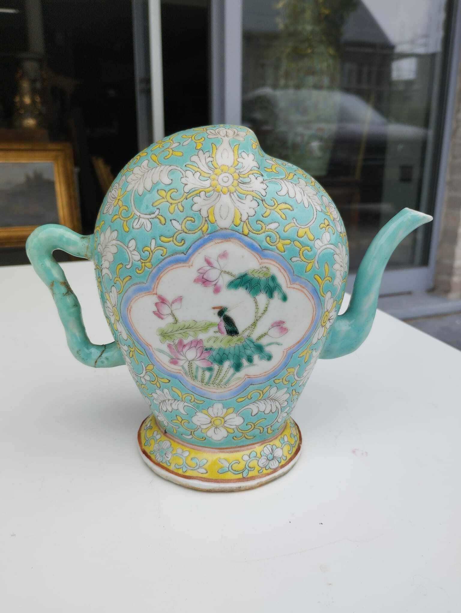 Three Chinese famille rose peach-shaped cadogan teapots with floral ...