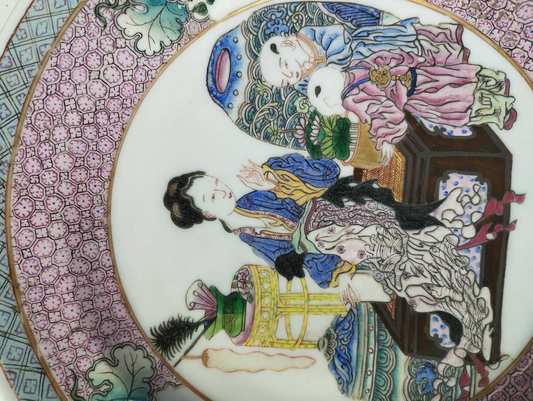 Two French Samson famille rose style 'ruby back' dishes with a lady and ...