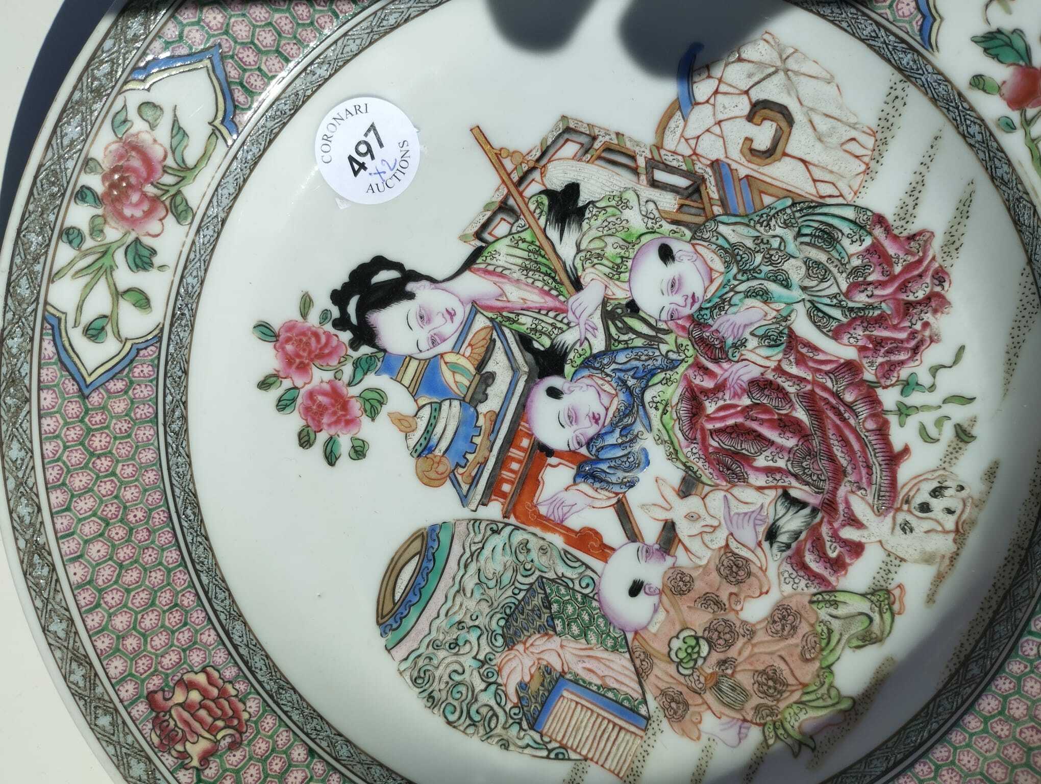 Two French Samson famille rose style 'ruby back' dishes with a lady and ...