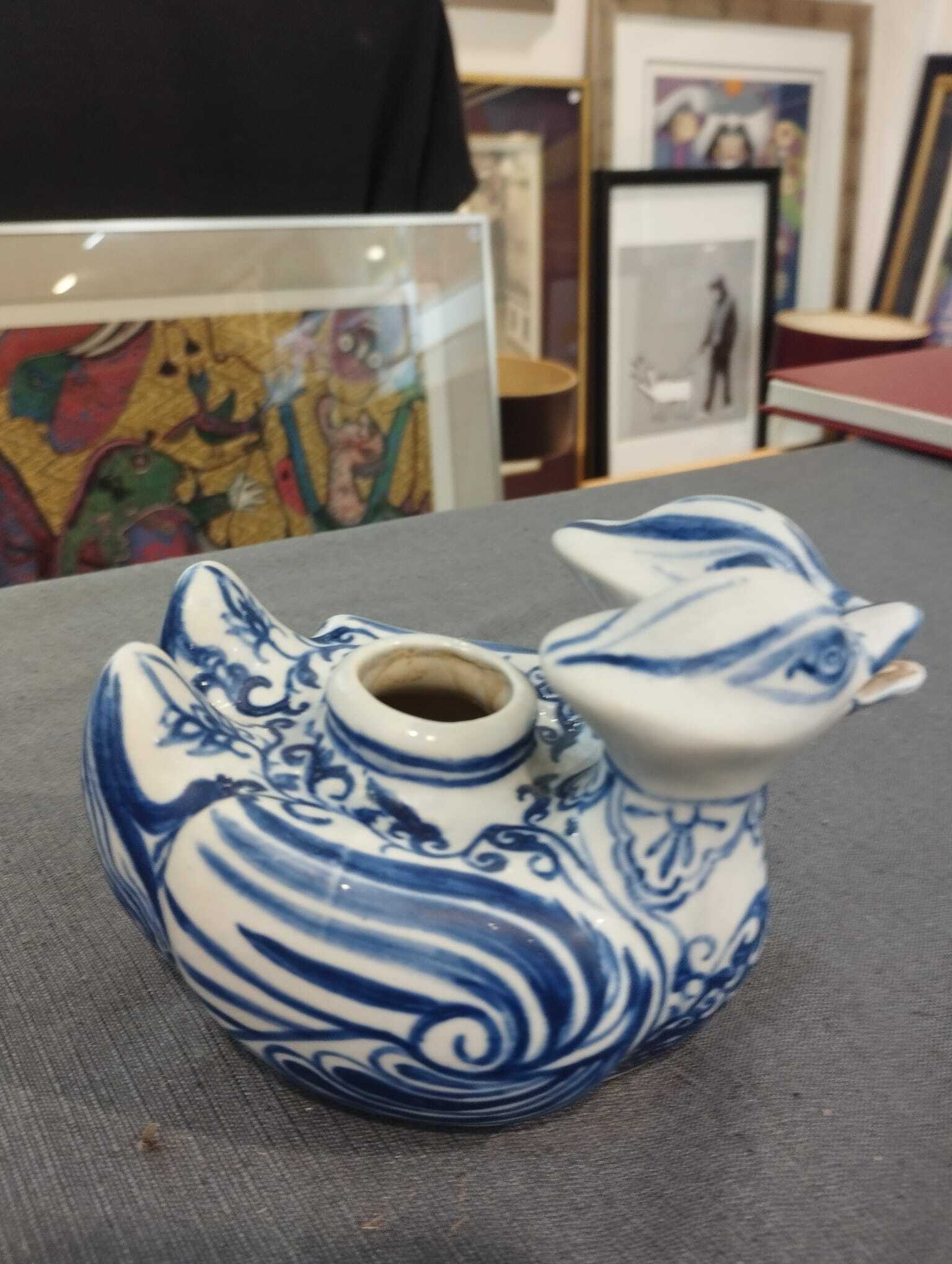 A Chinese blue and white twin duck-form water dropper, probably Ming ...