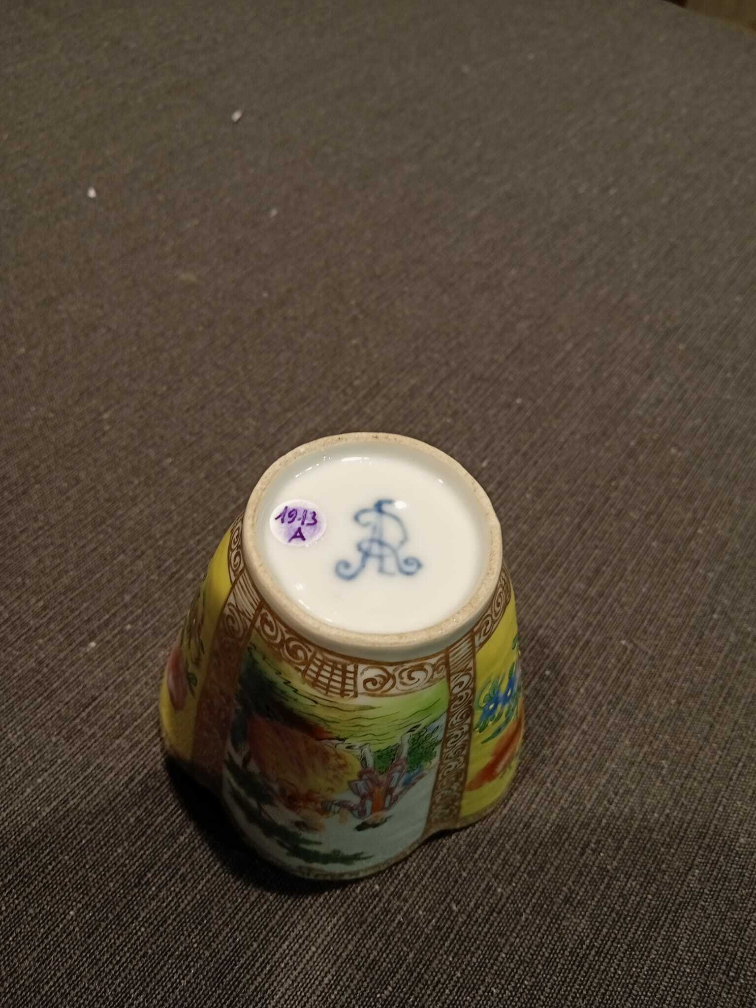 A Chinese famille rose Meissen style quatrefoil beaker and saucer with ...