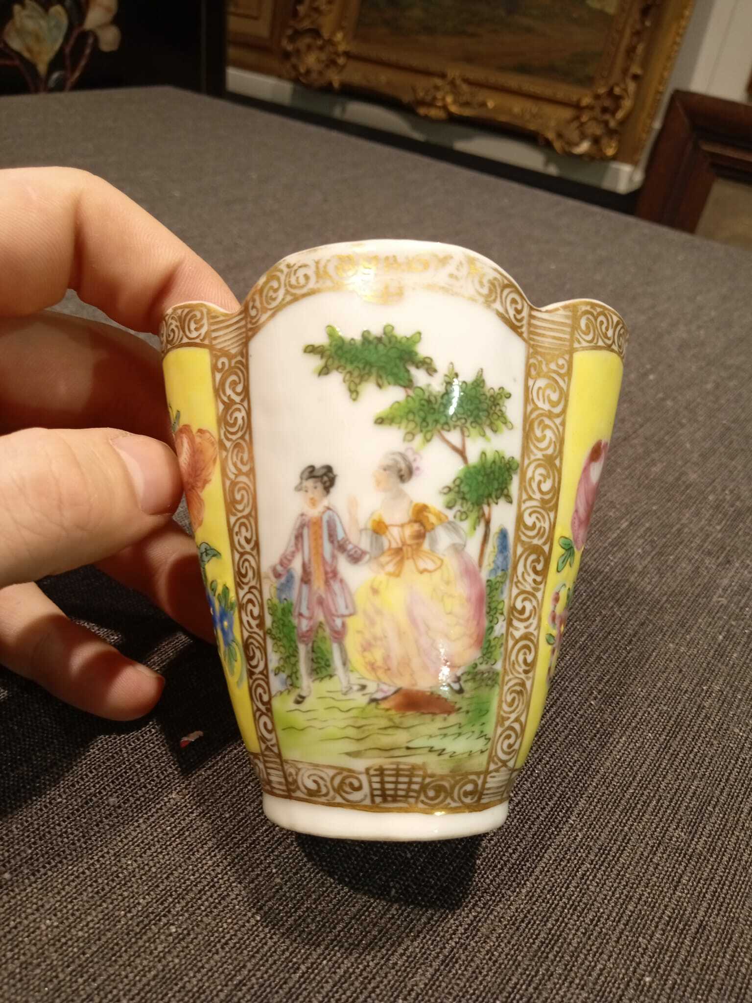 A Chinese famille rose Meissen style quatrefoil beaker and saucer with ...