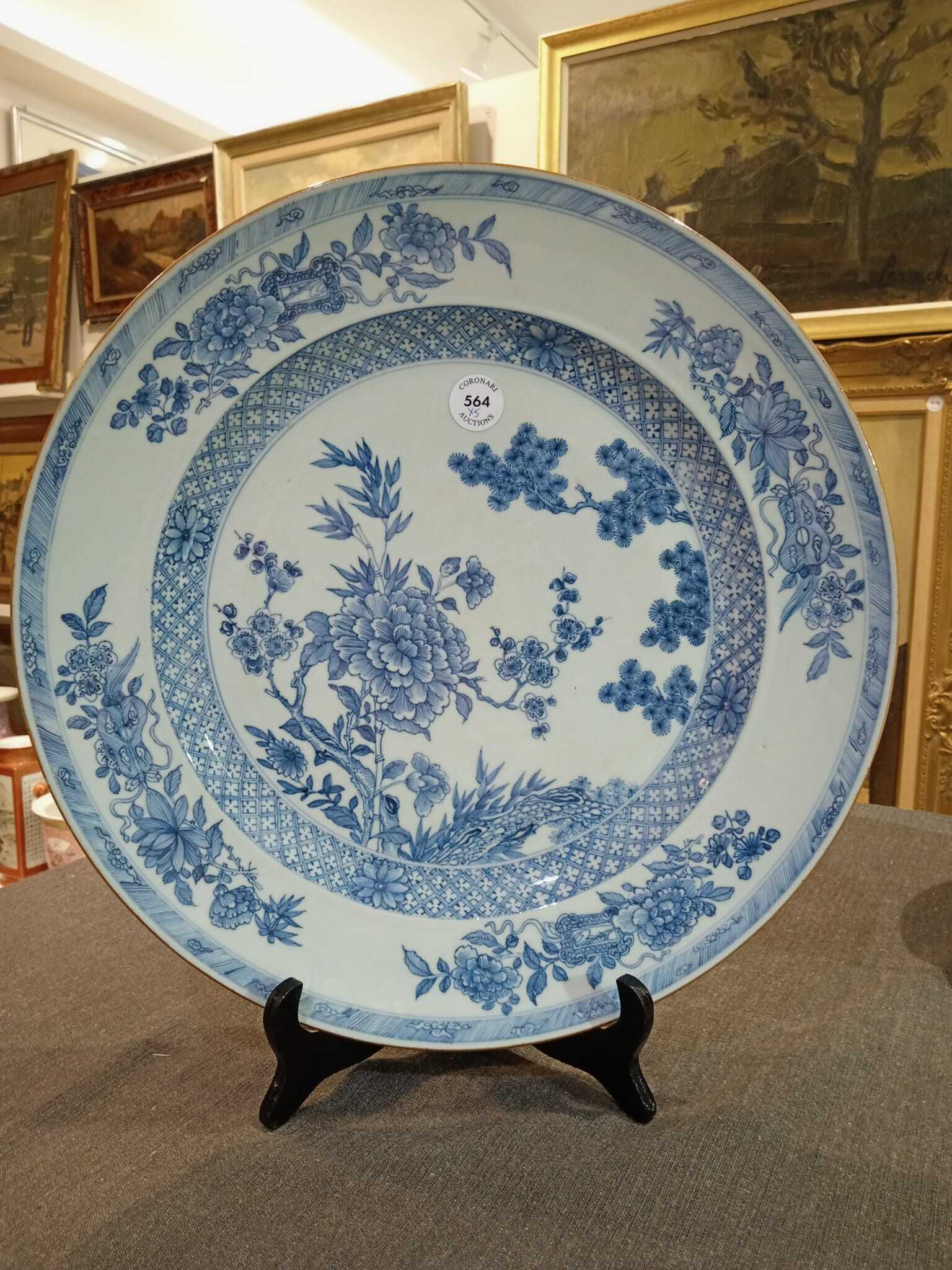Five various Chinese blue and white dishes with floral design, birds ...