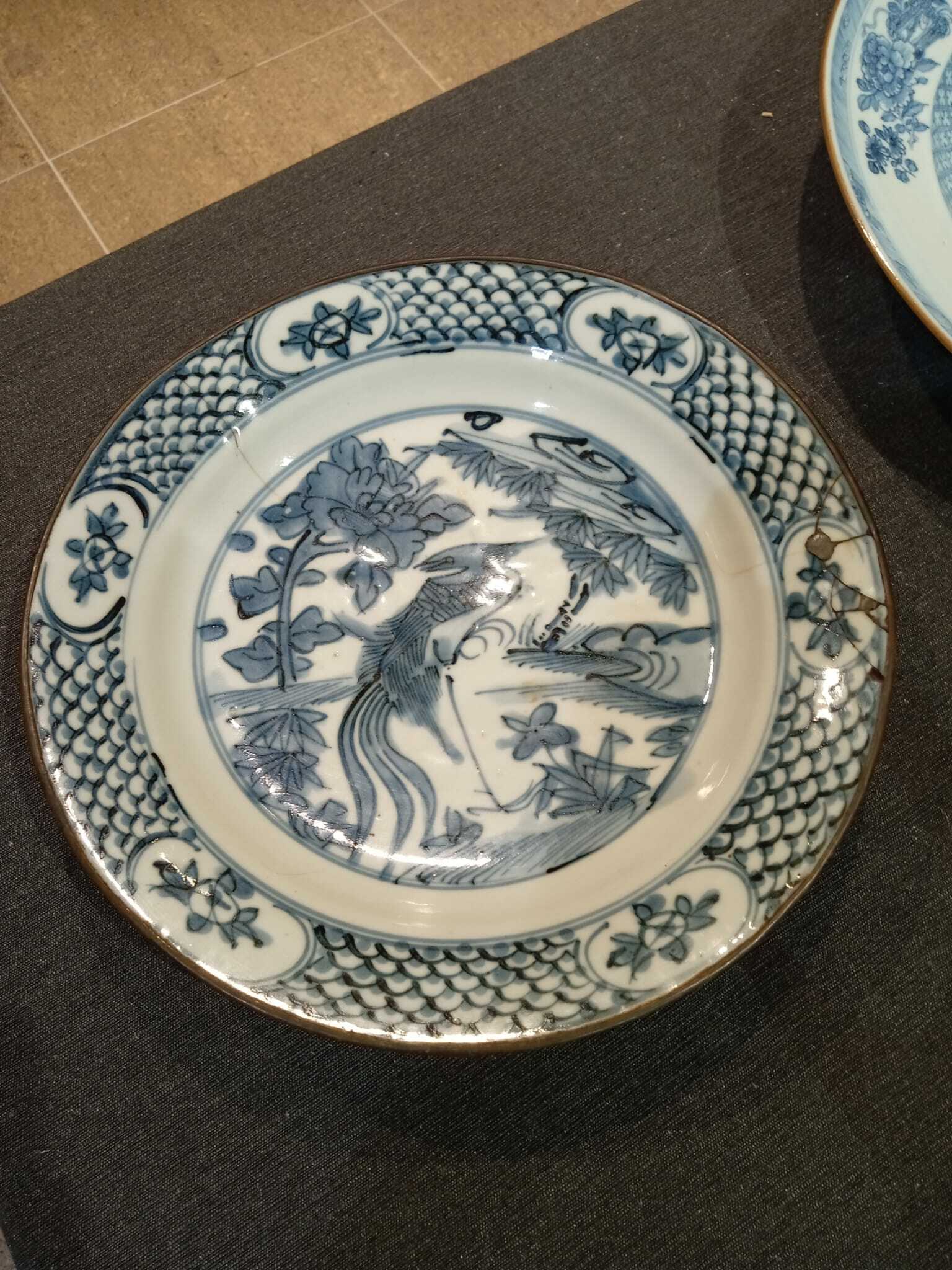 Five various Chinese blue and white dishes with floral design, birds ...