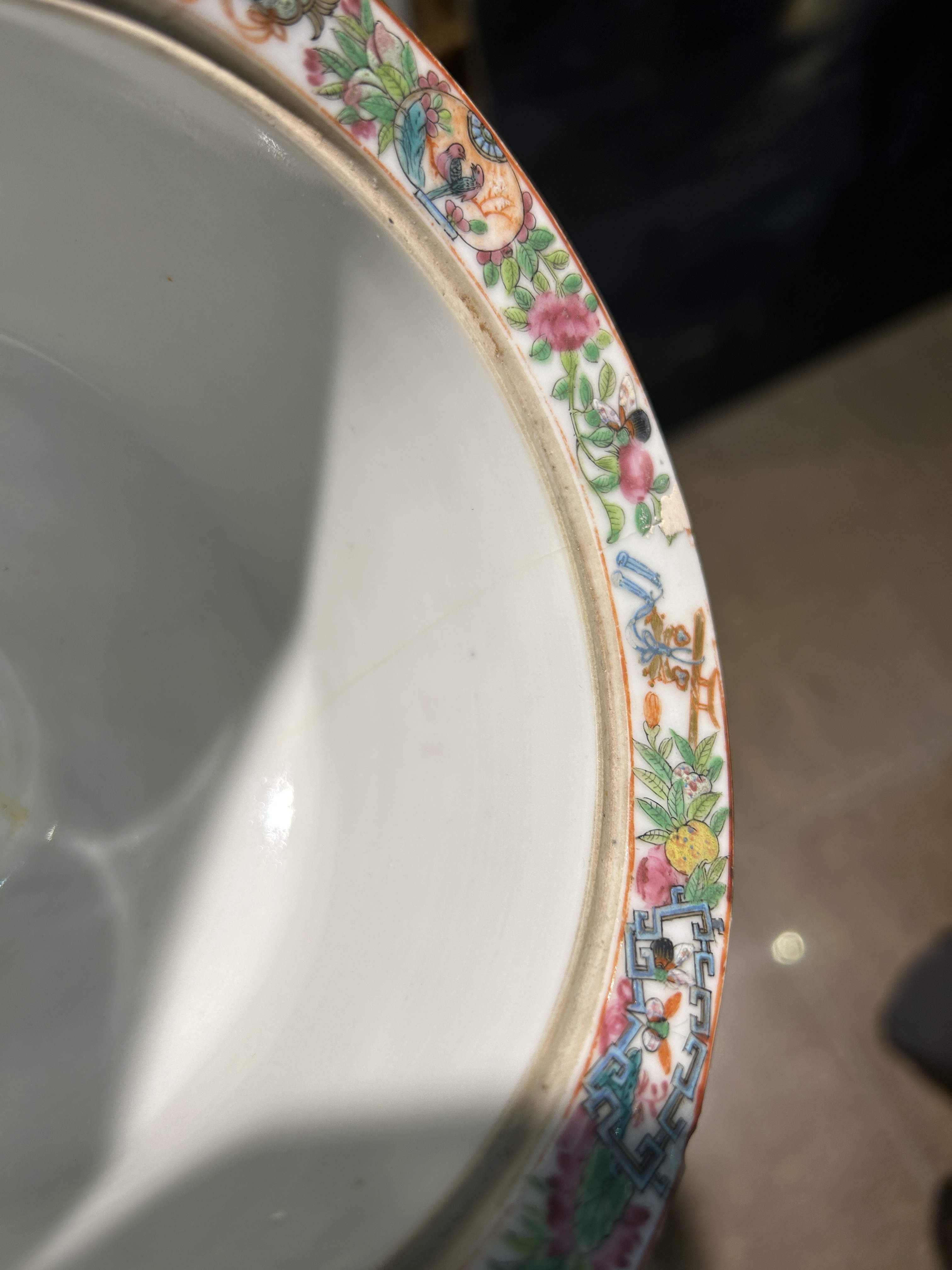 A Chinese Canton famille rose three-part tea set with palace scenes ...