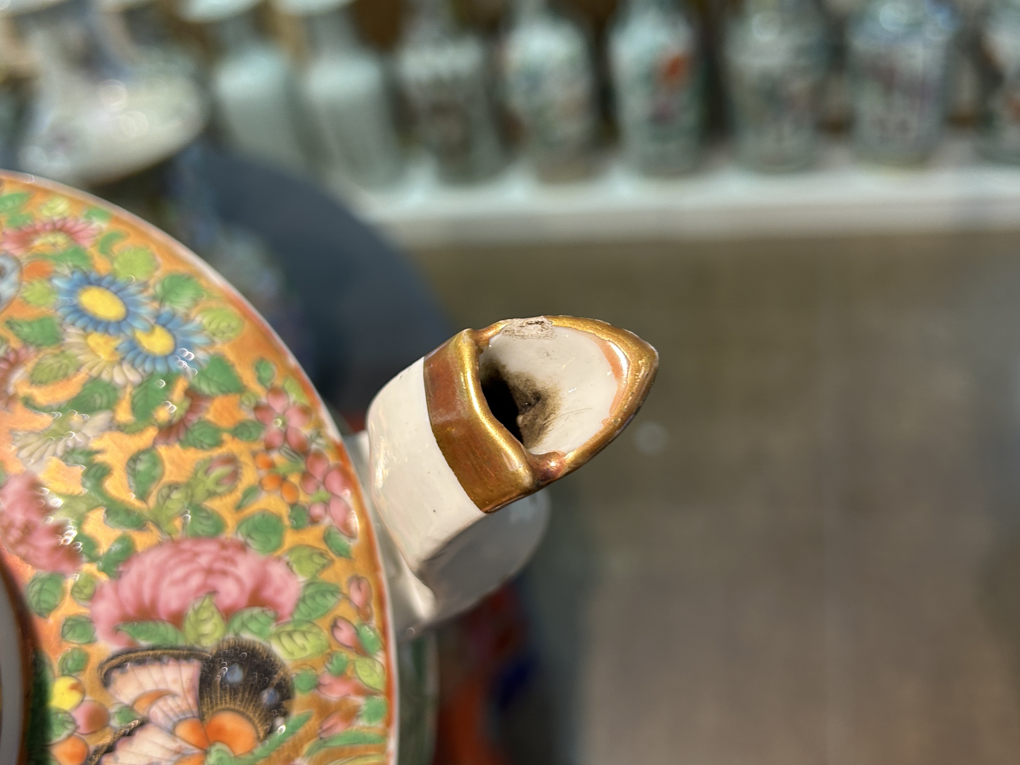 A Chinese Canton famille rose three-part tea set with palace scenes ...