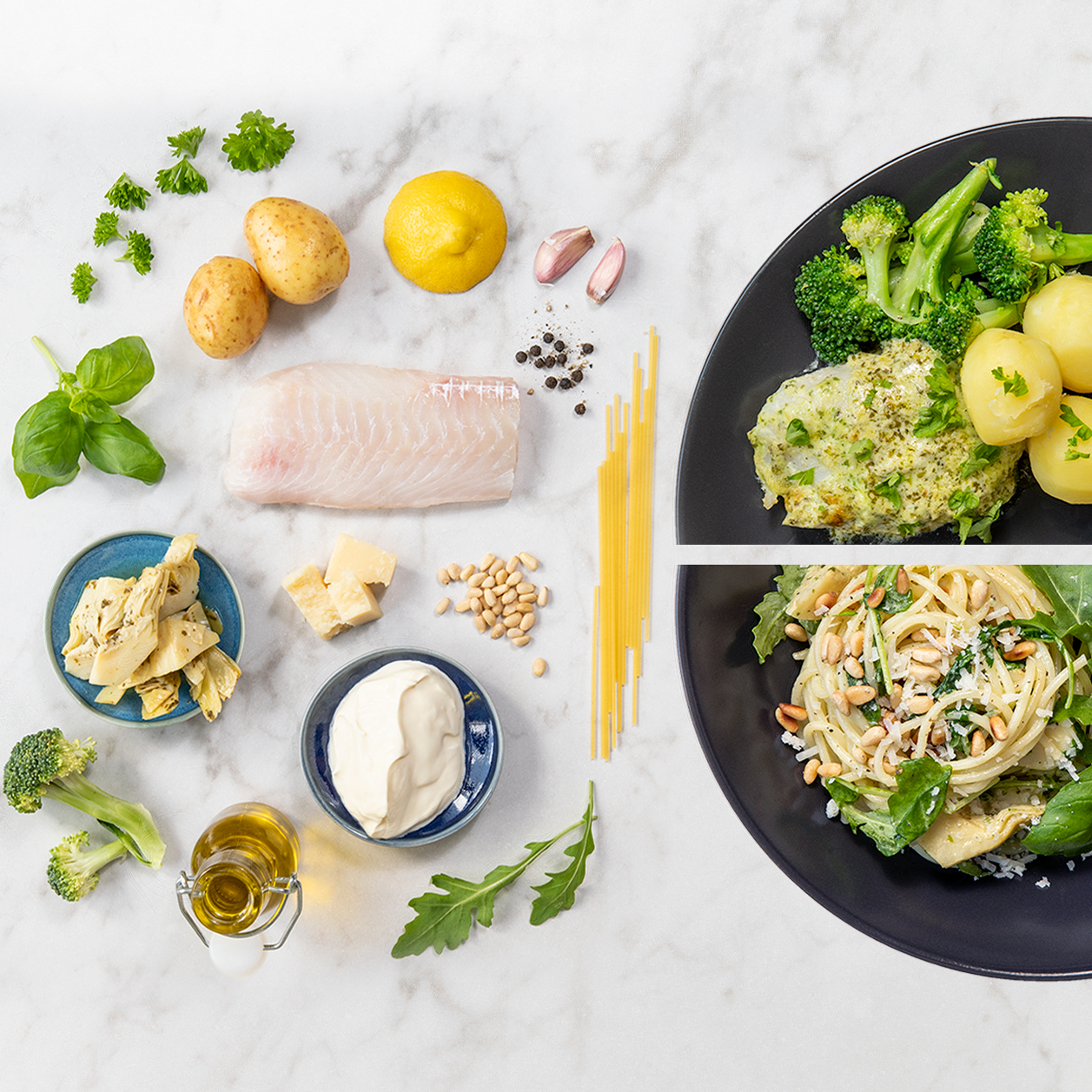 Gremolatabakad torskfilé med kokt potatis + Krämig örtpasta med ...